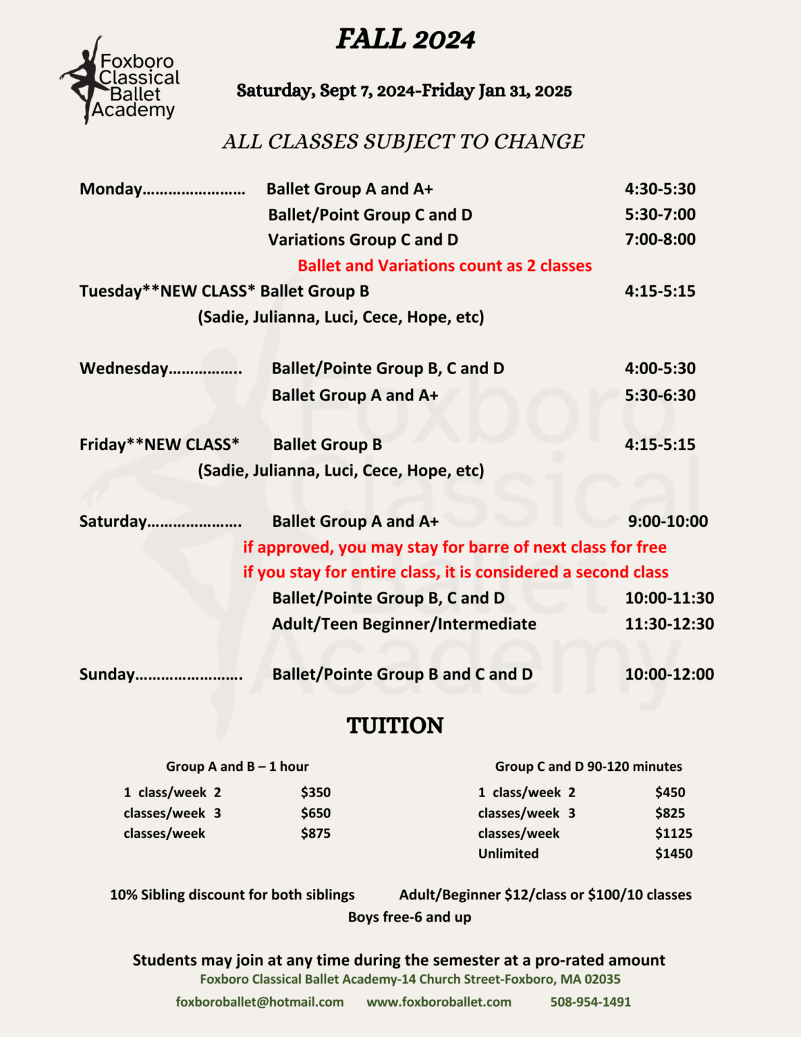 Foxboro Classical Ballet Academy | Fall 2024 Class Schedule